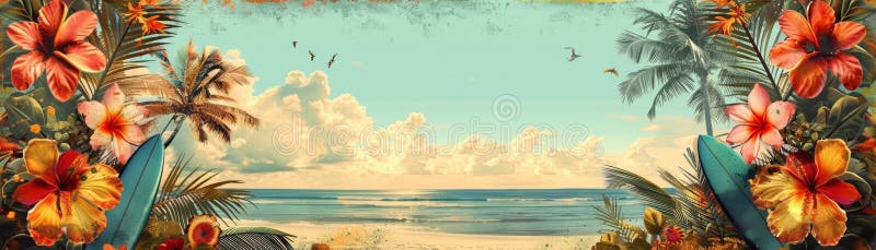 Tropical Floral Border with a Beach Scene in the Background Stock Illustration - Illustration of ...