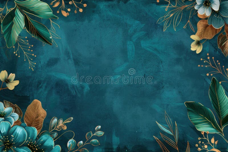 Tropical Floral Frame on Textured Teal Background Stock Image - Image ...