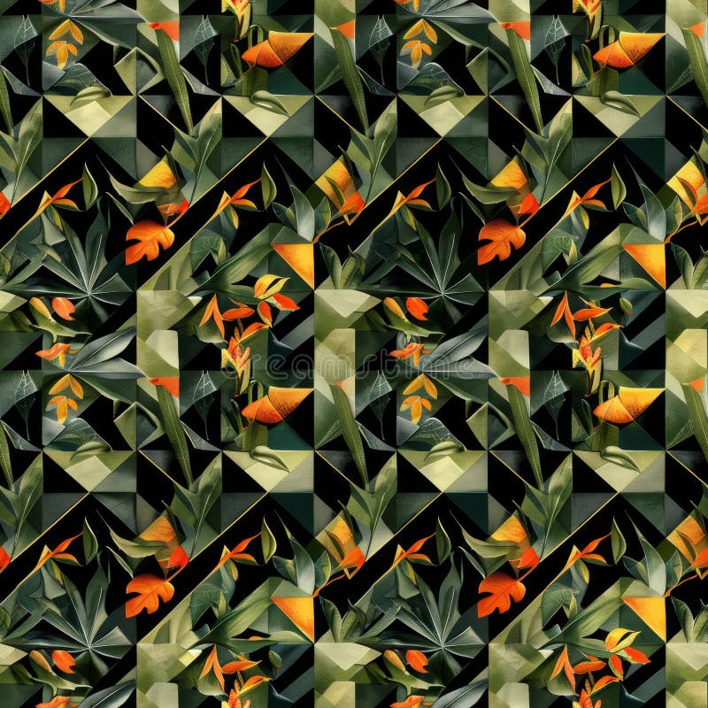 Tropical Flowers and Geometric Patterns Seamless Design Stock Image ...