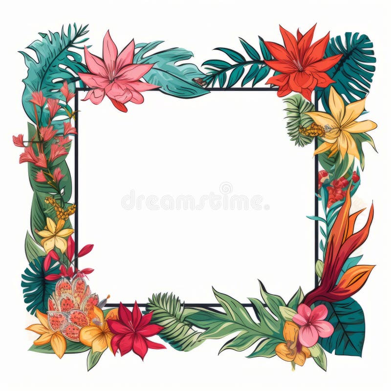 Tropical Flowers and Leaves in a Square Frame on a Blue Background ...
