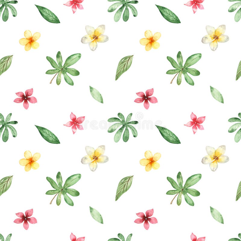 Watercolor Seamless Pattern With Tropical Flowers And Leaves On A White