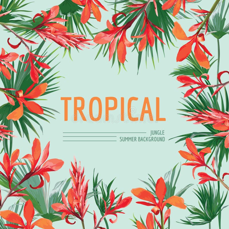 Tropical Flowers and Palm Leaves Background. Graphic Summer Design ...