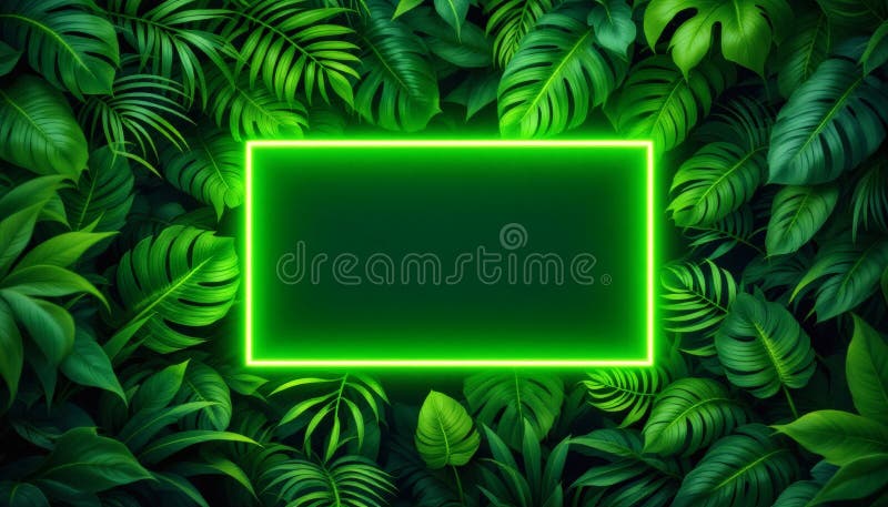 Tropical Foliage Background with Neon Green Frame for Text or Message ...