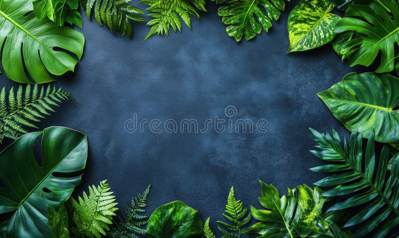 Tropical Foliage Frame with Lush Green Leaves on Dark Textured ...