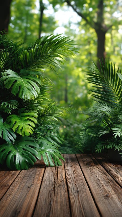 Tropical Foliage with Monstera and Palms on Rustic Wood Decking, Forest ...