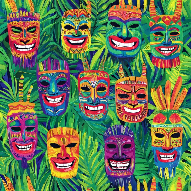 The Tropical Foliage is Surrounded by Colorful Tiki Masks. Stock Photo ...