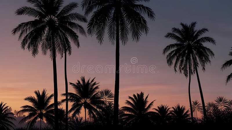 Tropical Forest Edge with Multiple Palm Tree Silhouettes at Twilight ...