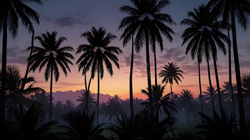 Tropical Forest Edge with Multiple Palm Tree Silhouettes at Twilight ...
