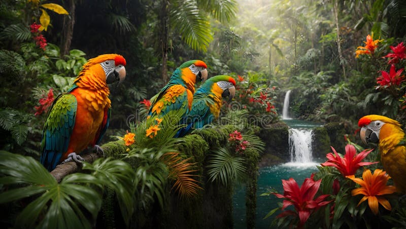 A Tropical Forest with a Group of Parrots Stock Photo - Image of branch ...