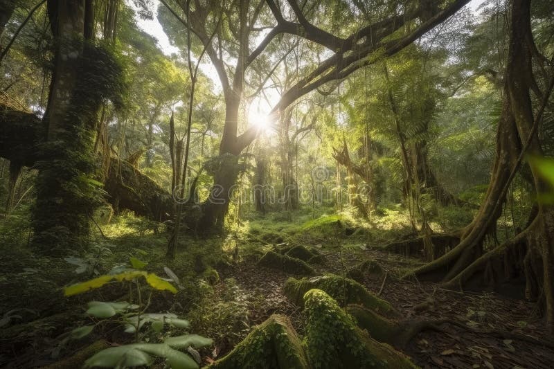 Tropical Forest with Moss-covered Trees, Surrounded by Warm and Sunny ...