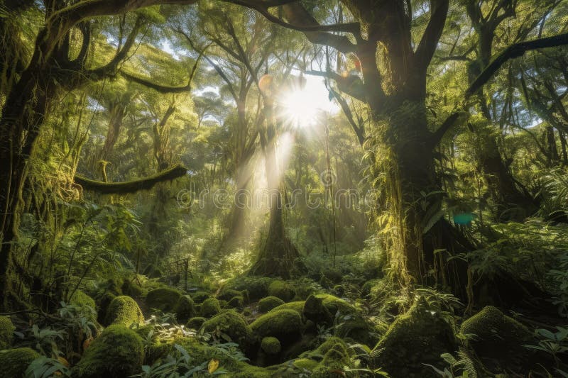 Tropical Forest with Moss-covered Trees, Surrounded by Warm and Sunny ...
