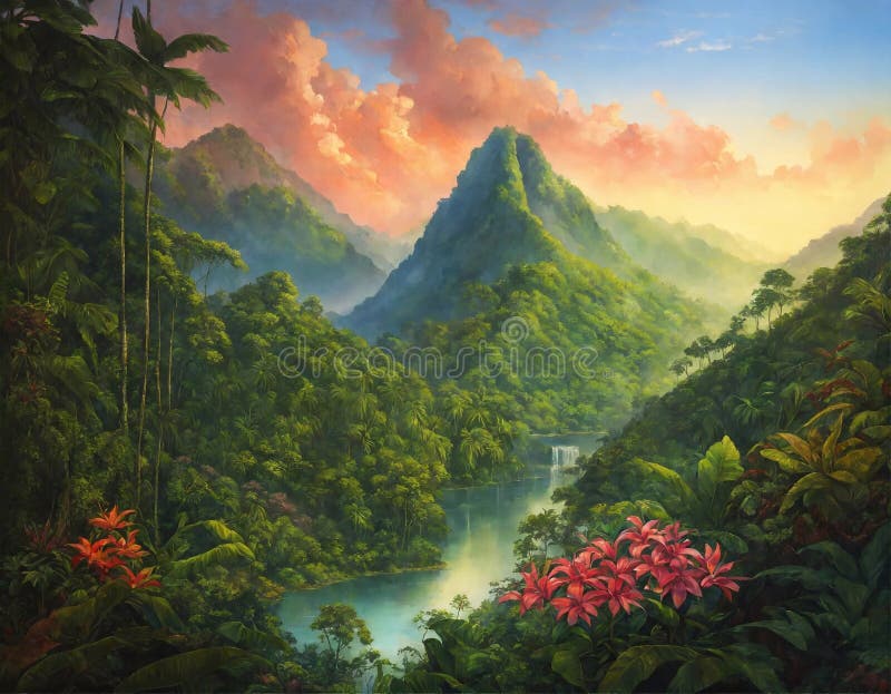 Tropical Forest Mountain Range Landscape Scenery Illustration ...