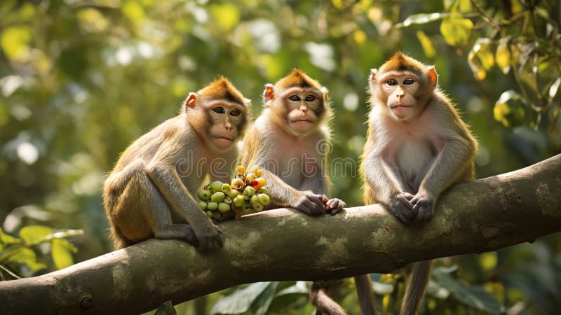 In Tropical Forest ,some Young Monkeys Sits on a Sturdy Branch. Stock ...