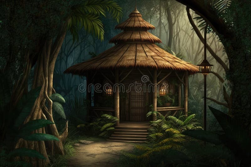 Tropical Forest with Tree Hut Interior Design of Jungle Stock ...
