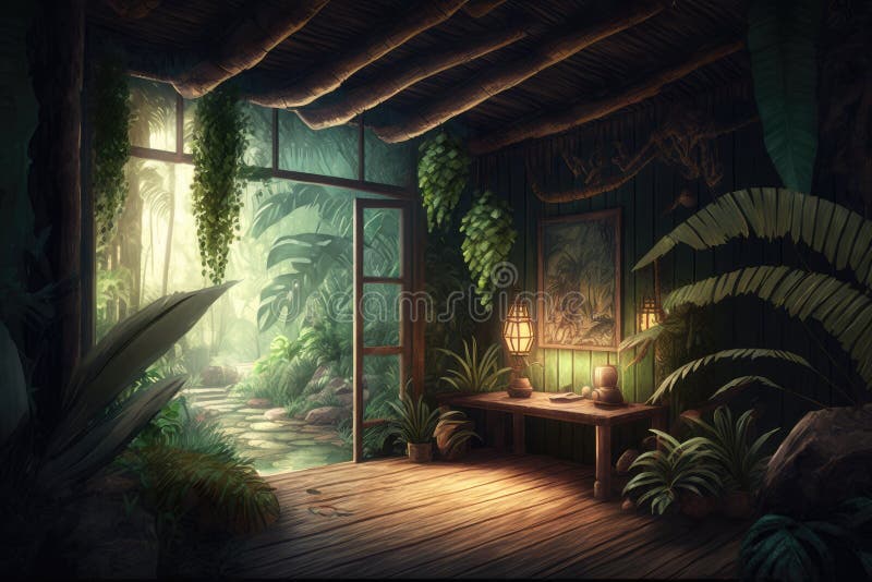 Tropical Forest with Tree Hut Interior Design of Jungle Stock ...