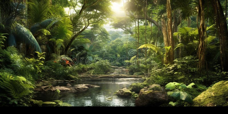 Tropical Forest View with Trees, Water River Background Stock ...