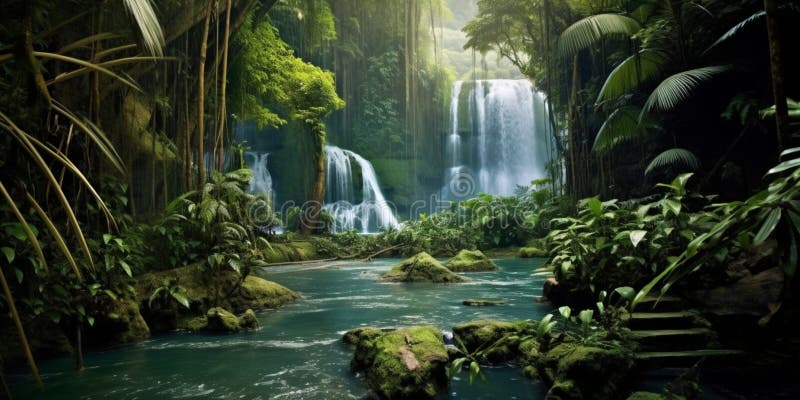 Tropical Forest View with Trees, Water River and Waterfall Background ...