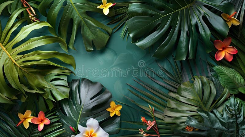 Tropical Frame Featuring Palm Leaves and Exotic Flowers with Text Copy ...