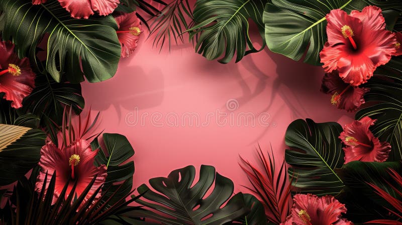 Tropical Frame Featuring Palm Leaves and Exotic Flowers with Text Copy ...