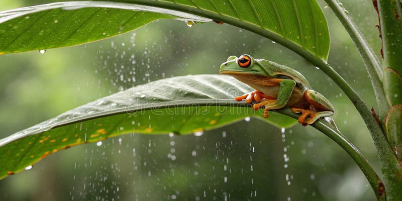 Tropical Frog Sheltering Under Leaf Stock Illustration - Illustration ...