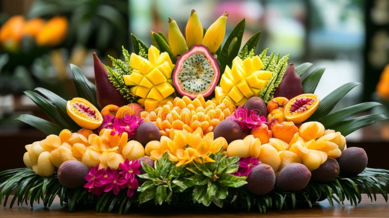 Tropical Fruit Arrangement with Mangoes, Passionfruit, and Plums Stock ...