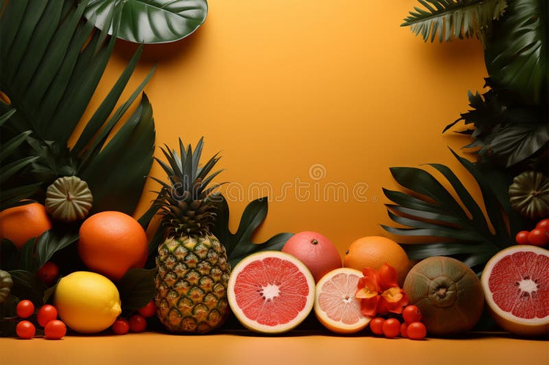 Tropical Fruit Backdrop Adorned with Palm Tree Leaf Card Template Stock ...