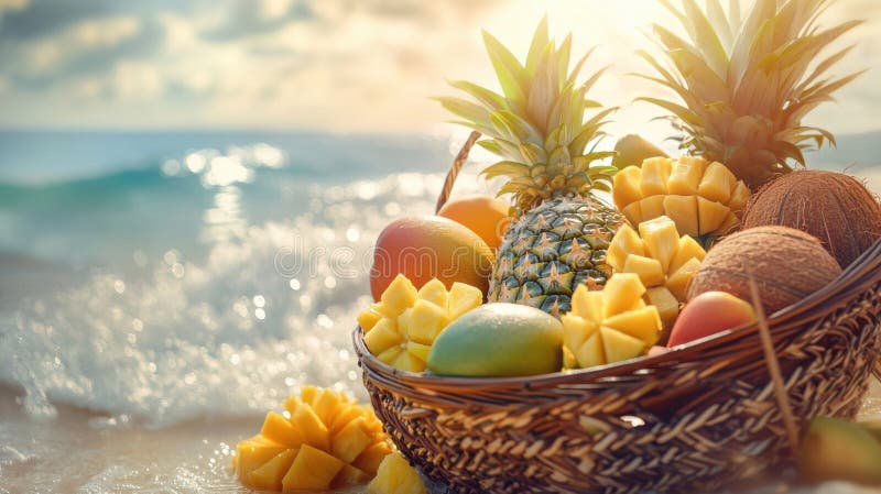 Tropical Fruit Basket with Pineapples, Mangoes, and Coconuts, Set ...