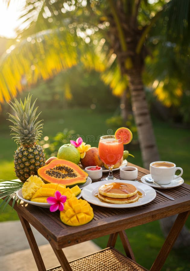 Tropical Fruit Breakfast with Pancakes on a Sunny Patio Stock Image ...