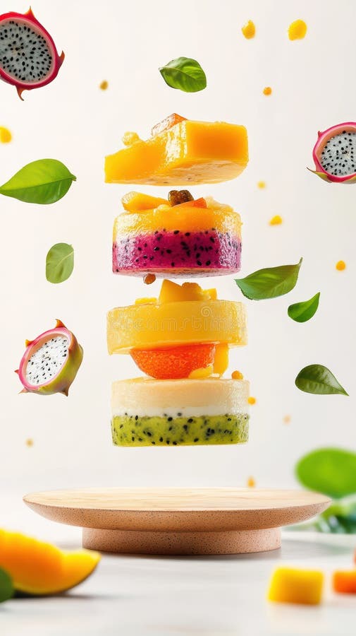 Tropical Fruit Cake Levitating Above Rustic Plate with Vibrant Layers ...