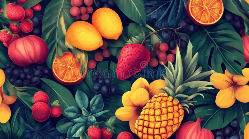 Tropical Fruit and Flower Pattern with Lush Green Foliage Stock ...
