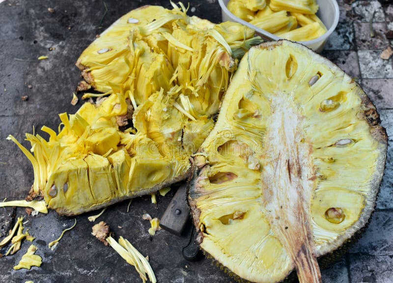 Tropical Fruit, Jack Fruit Sliced on Grunge Table Background Stock ...