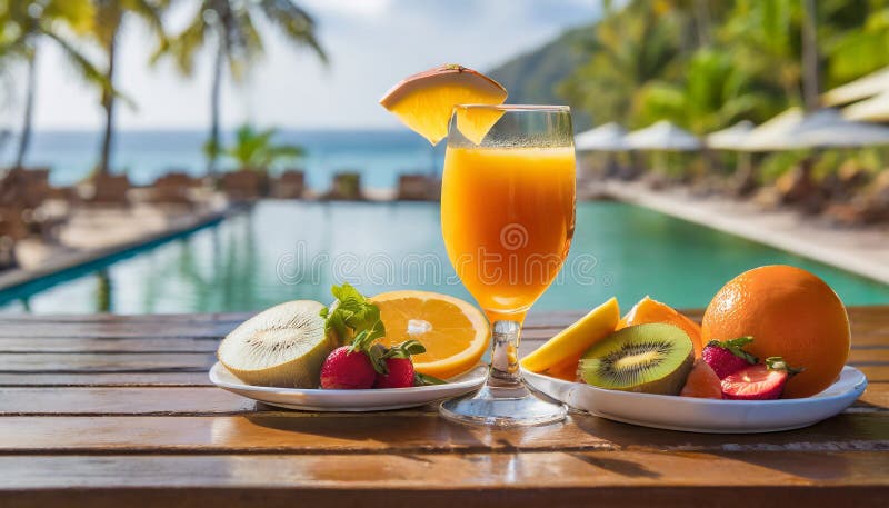 Tropical Fruit and Juice at Tropical Resort Stock Illustration ...