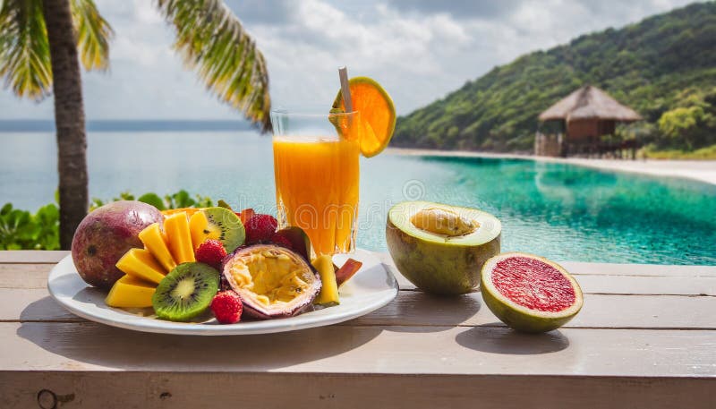 Tropical Fruit and Juice at Tropical Resort Stock Illustration ...