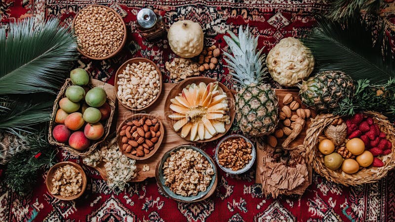 Tropical Fruit, Nuts, Grains, Rug, Overhead, Still Life Stock Photo ...