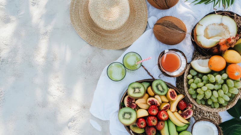 Tropical Fruit Picnic on Sandy Beach Stock Illustration - Illustration ...