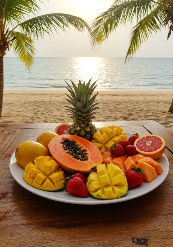 Tropical Fruit Platter on Beach at Sunset Stock Photo - Image of ...