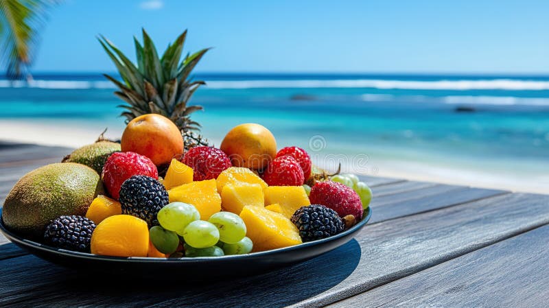 Tropical Fruit Platter on Beach Table Stock Photo - Image of healthy ...