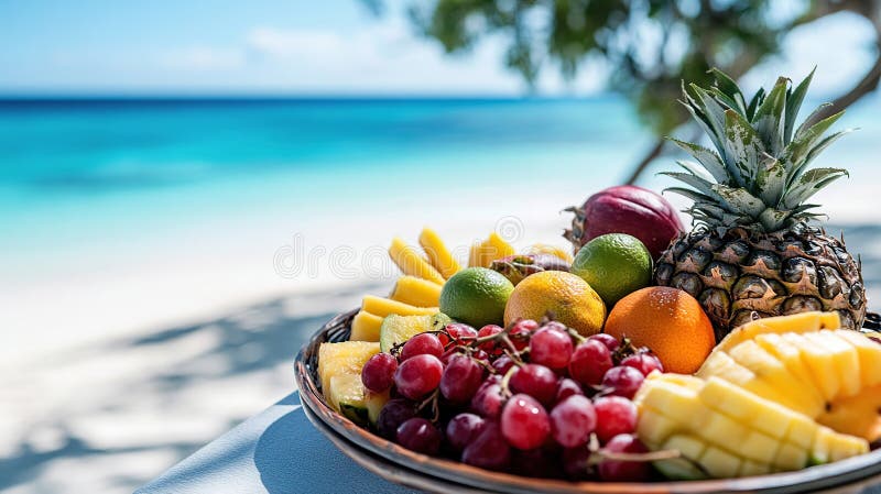 Tropical Fruit Platter on Beach Table. (1 Stock Image - Image of mango ...