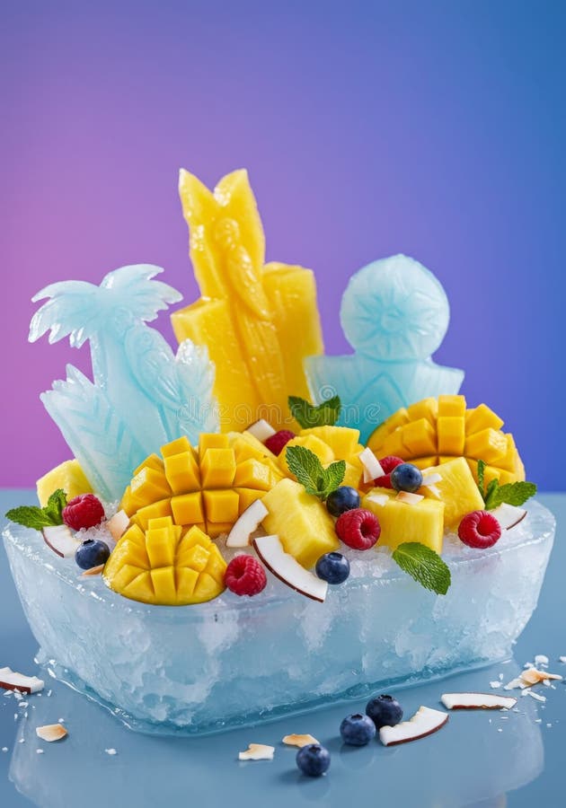 Tropical Fruit Platter on Ice: Carved Mangoes and Pineapple with ...