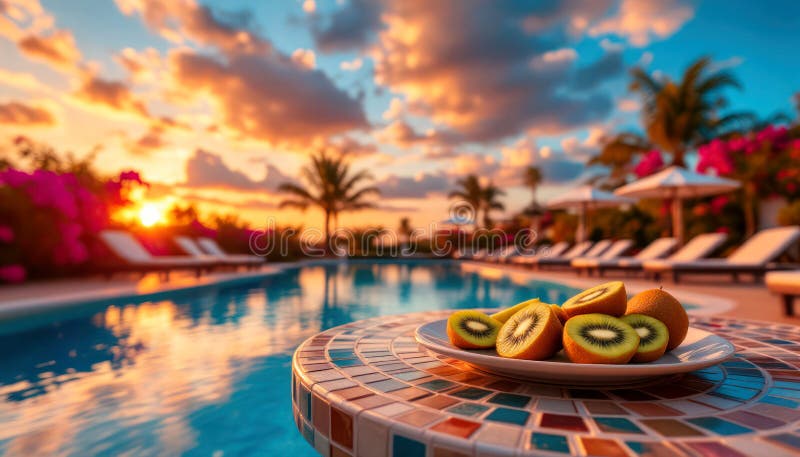 Tropical Fruit Platter with Kiwi and Palm Trees at Sunset by the Pool ...