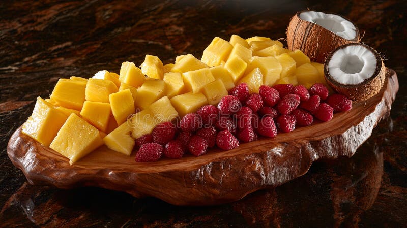 A Tropical Fruit Platter with Mango, Pineapple, and Coconut on a Stock ...