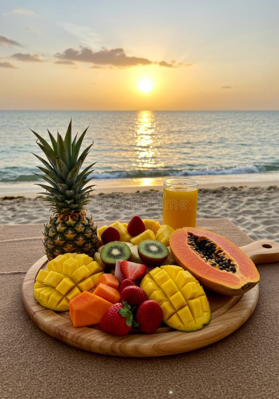 Tropical Fruit Platter at Sunset Beach Stock Image - Image of delicious ...