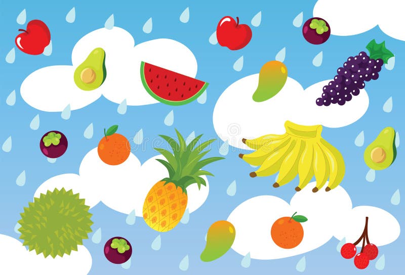 Tropical Fruit Rain Unique Whimsical Vector Illustration and Background ...