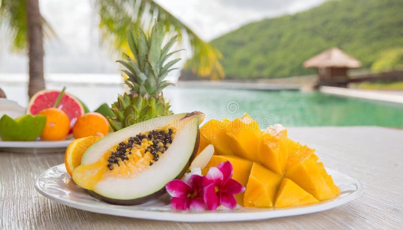 Tropical Fruit at Tropical Resort Stock Illustration - Illustration of ...
