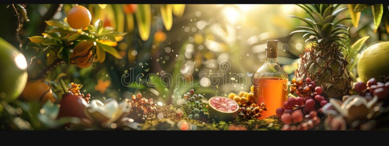 Tropical Fruit Scene with Bottle of Juice in a Lush Garden Setting ...