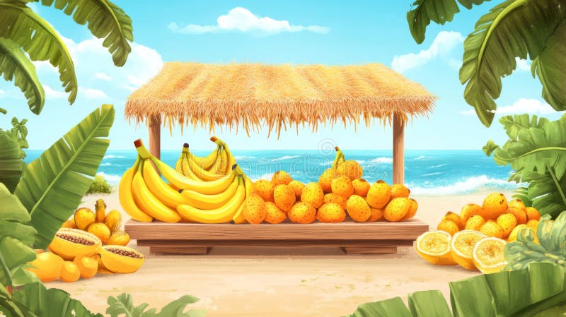 Tropical Fruit Stand on a Sunny Beach Stock Illustration - Illustration ...