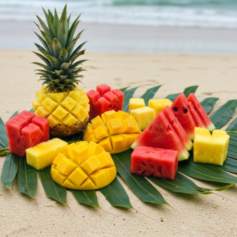Tropical Fruits on Beach Sand Stock Illustration - Illustration of ...