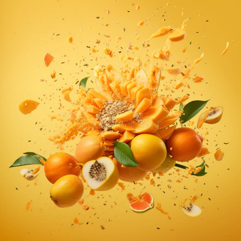 Tropical Fruits Exploding on Orange Background Stock Illustration ...