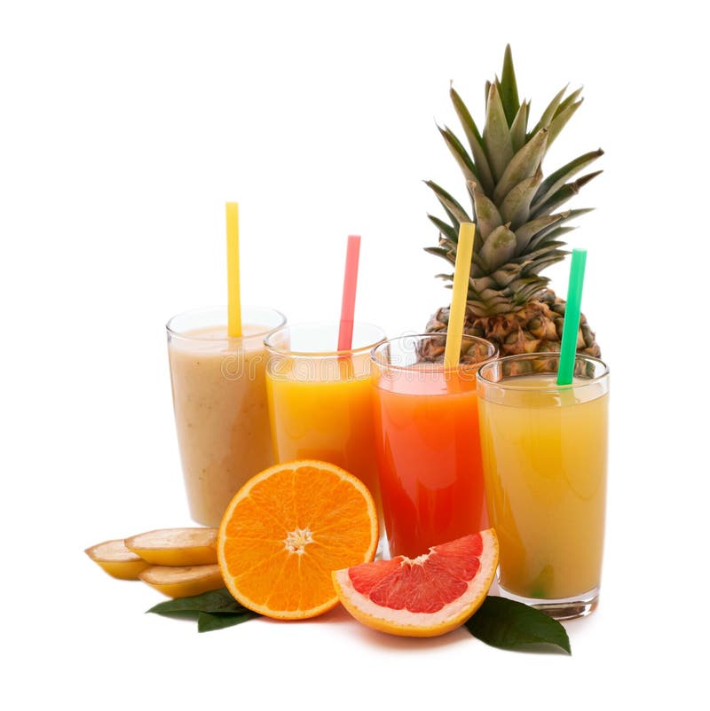Tropical Fruits and Juice Isolated on White Stock Photo - Image of ...