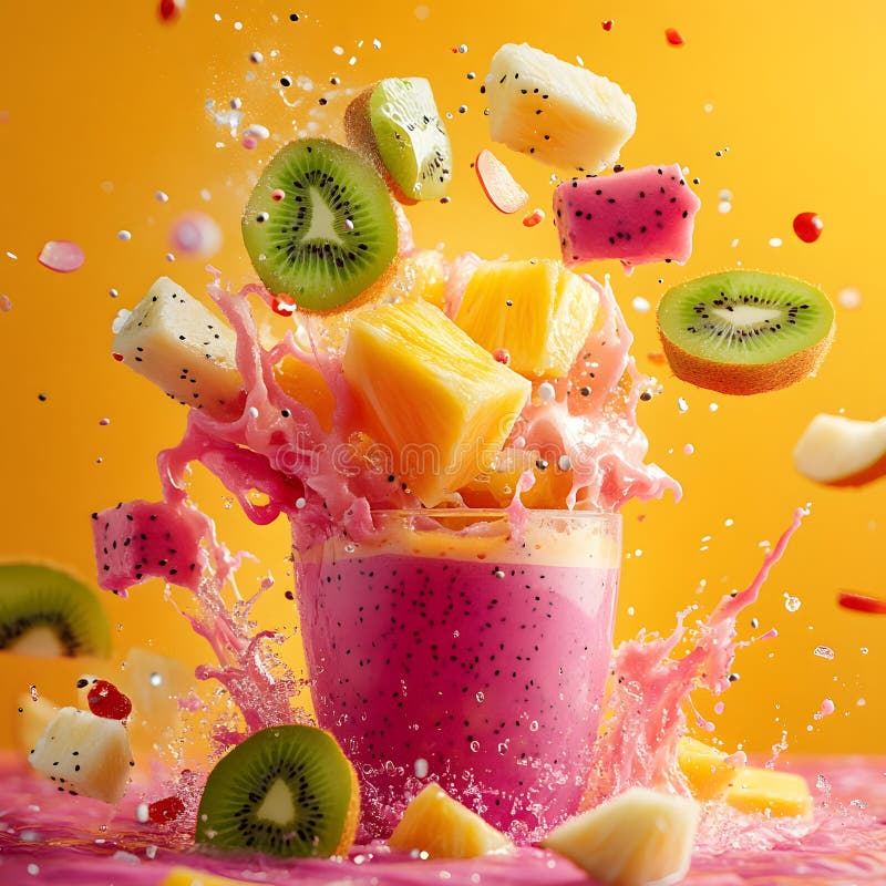 Tropical Fruits and Smoothies Splashing in Vibrant Colors Stock ...